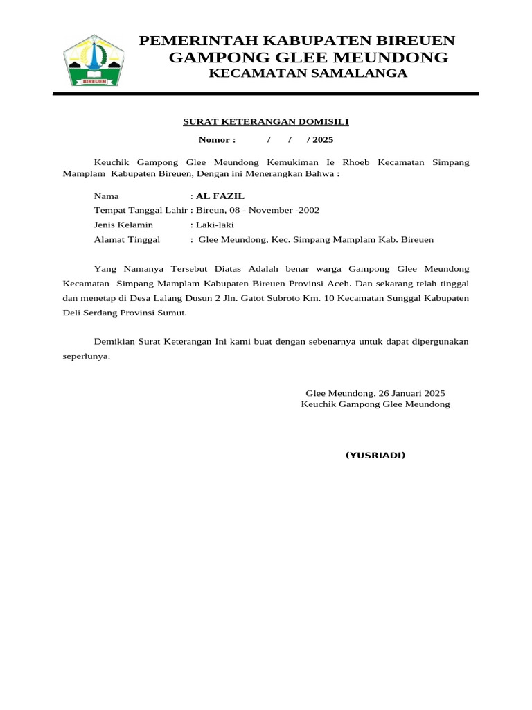 Surat Domisili Warga Bireuen 2025 | PDF