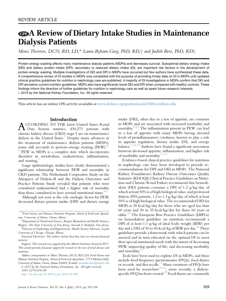 A Review of Dietary Intake Studies in Maintenance Dialysis Patients ...