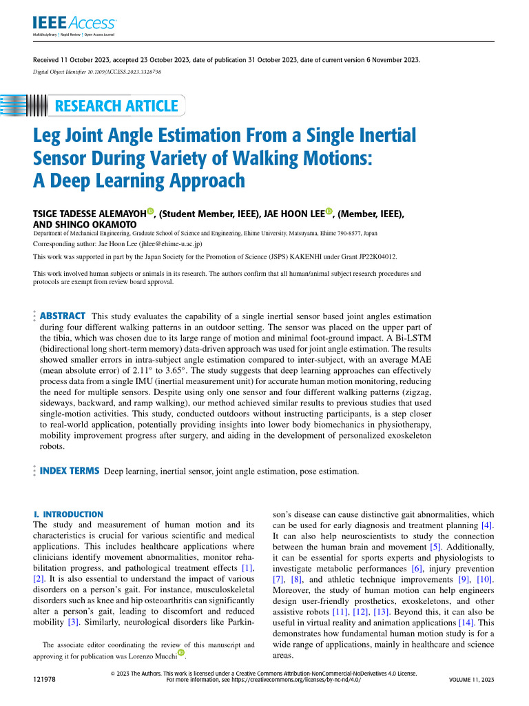 Leg Joint Angle Estimation From A Single Inertial Sensor During Variety ...