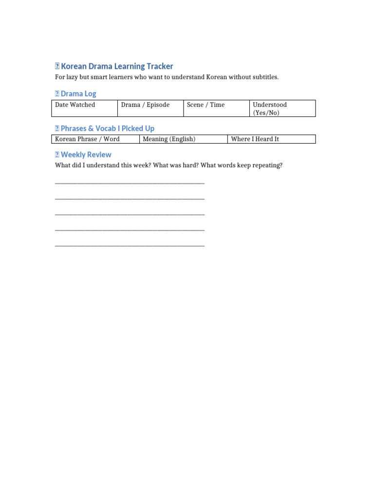 Korean Drama Learning Tracker | PDF