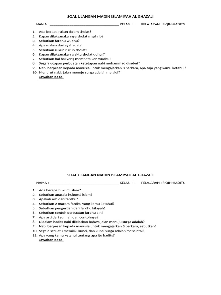 Soal Ulangan Fiqih Madin Al Ghazali | PDF