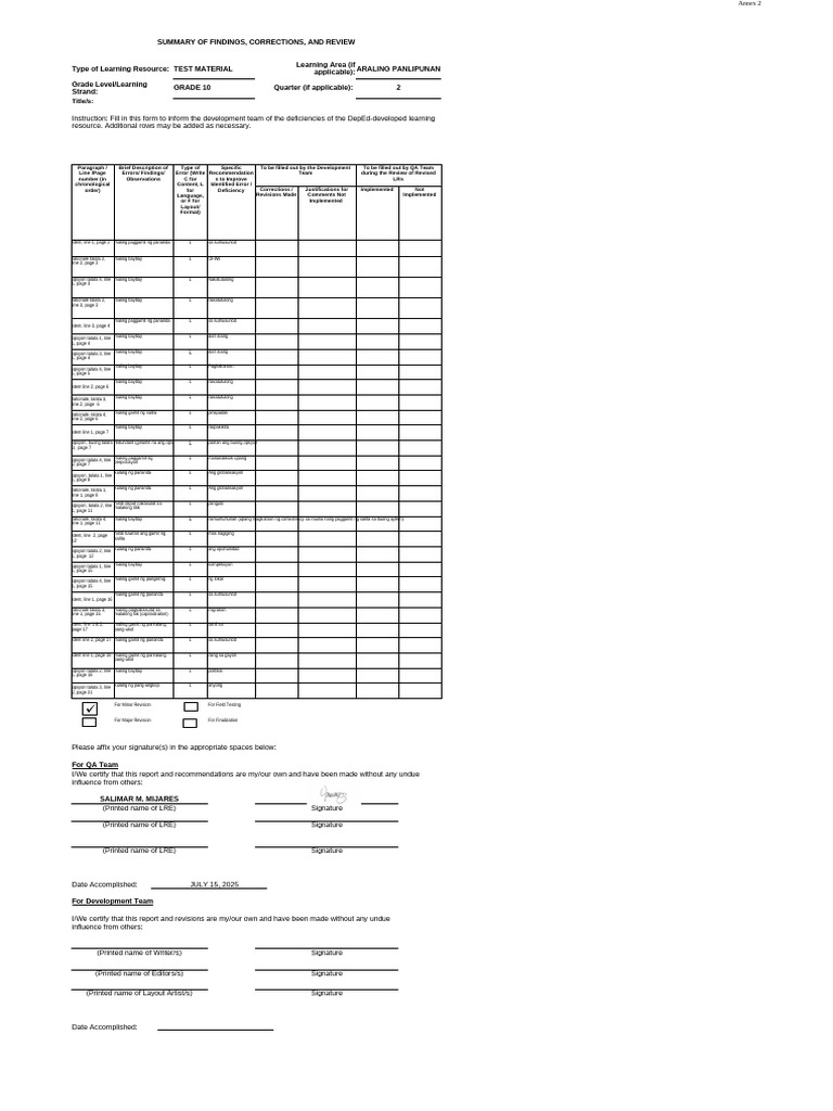 Summary of Findings, Corrections, and Review Form - DDLRs - MIJARES | PDF