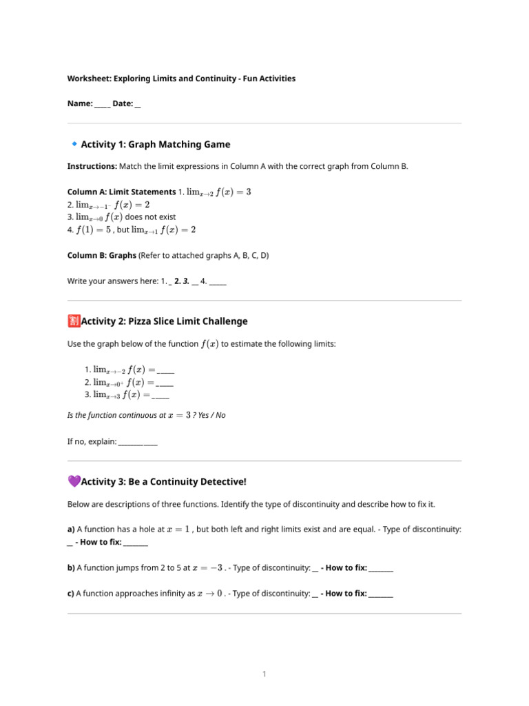 Limit Continuity Activity | PDF | Function (Mathematics) | Mathematical Objects