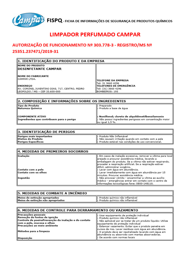 Ficha de Segurança do Desinfetante Campar | PDF