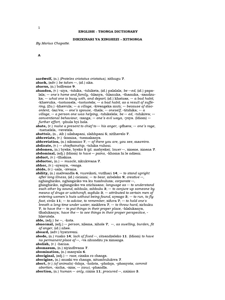 English-Xitsonga Dictionary Guide | PDF