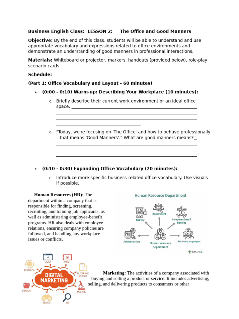 Office Vocabulary and Etiquette Lesson | PDF | Sales | Marketing