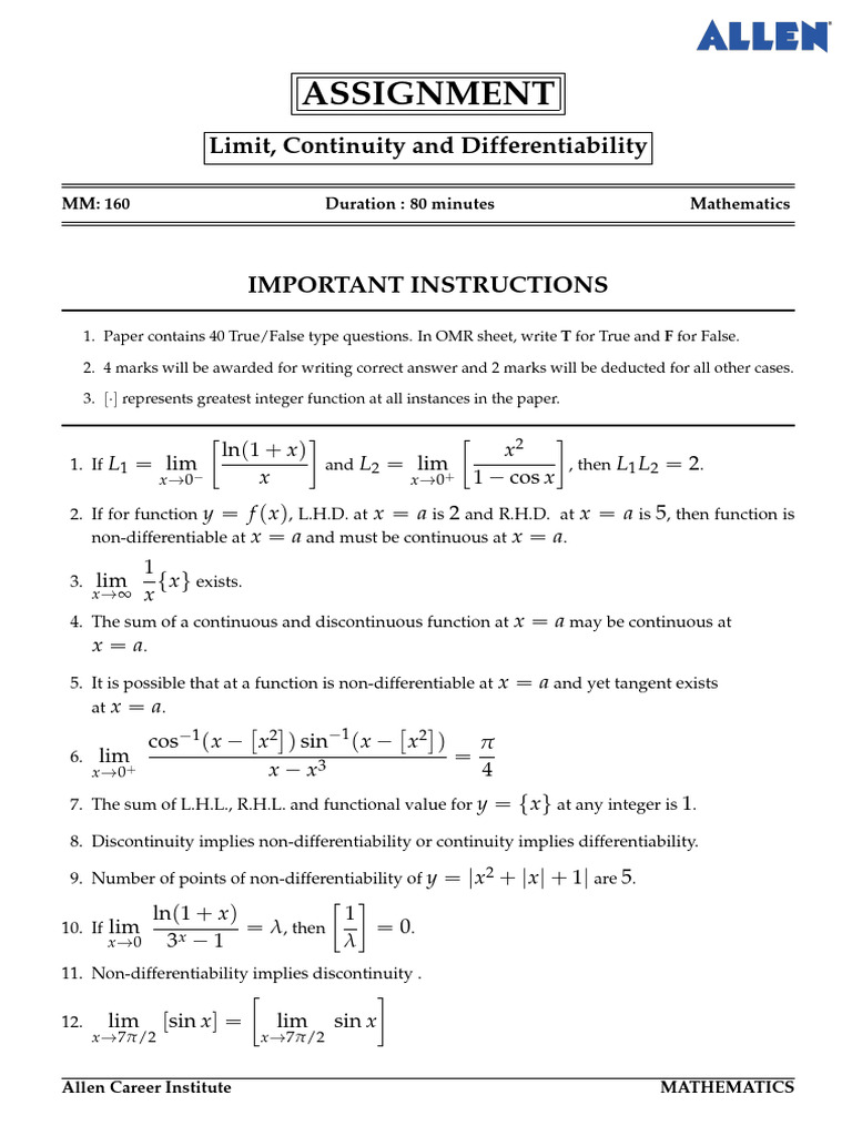Assignment: Limit, Continuity and Differentiability | PDF | Mathematics | Mathematical Analysis