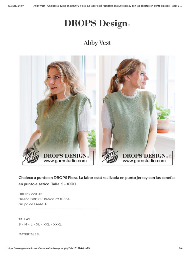 Abby Vest - Chaleco a punto en DROPS Flora. La labor está realizada en punto jersey con las ...
