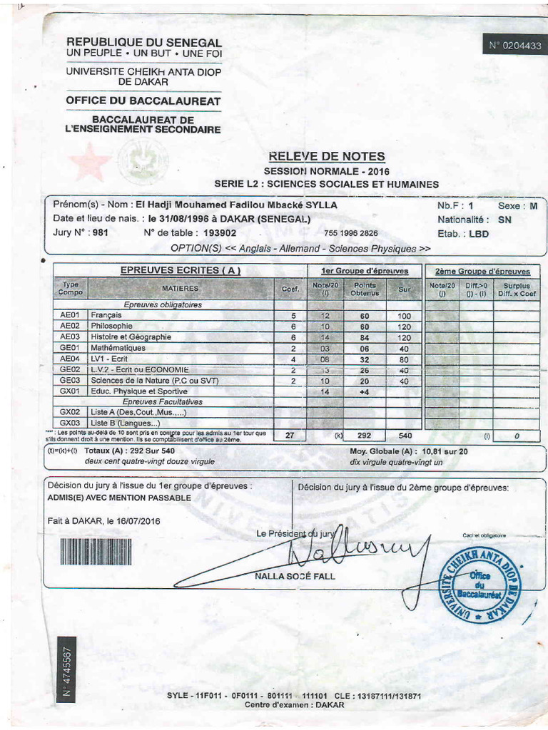 Relevé de notes Bac 2025 Sénégal | PDF | Enseignement secondaire ...