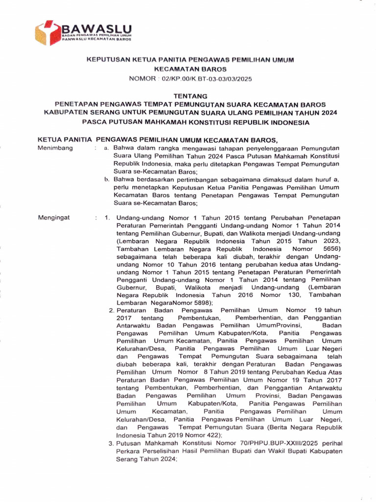 SK Penetapan PTPS Se-Kecamatan Baros | PDF