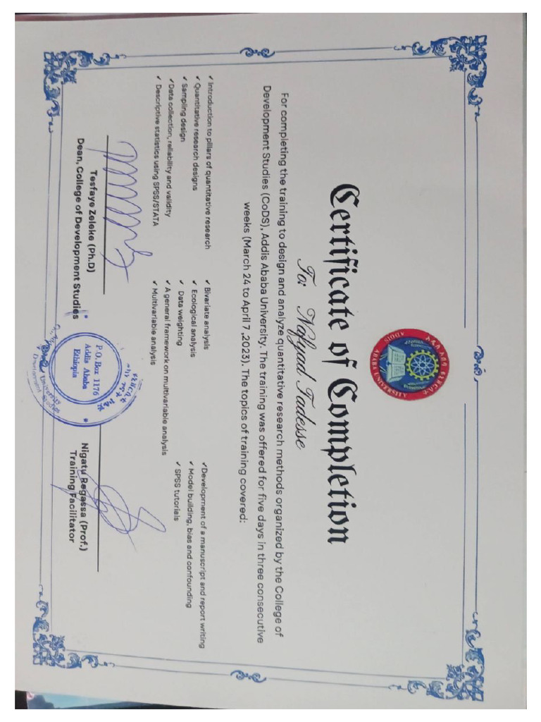 Training Certificate On SPSS and STATA | PDF