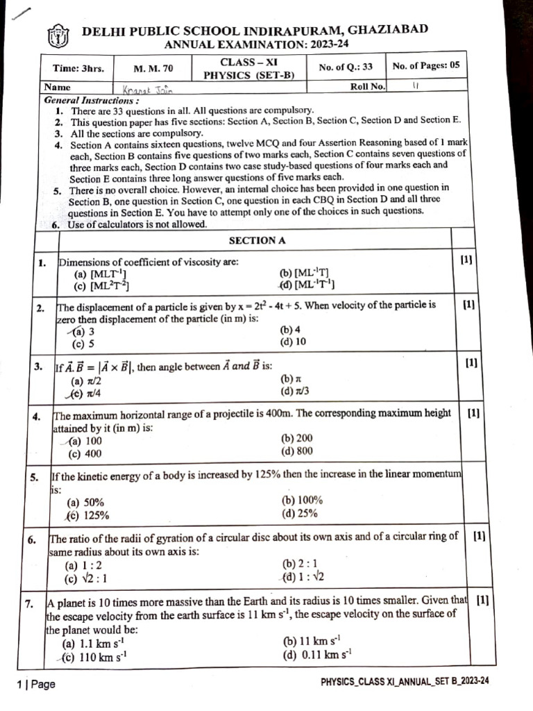 Class 11 Physics Exam Paper 2023-24 | PDF | Friction | Mass
