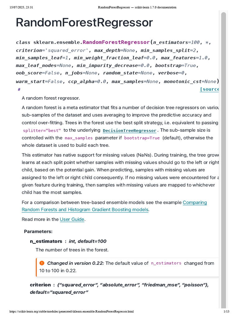 RandomForestRegressor - Scikit-Learn 1.7.0 Documentation | PDF | Regression Analysis ...