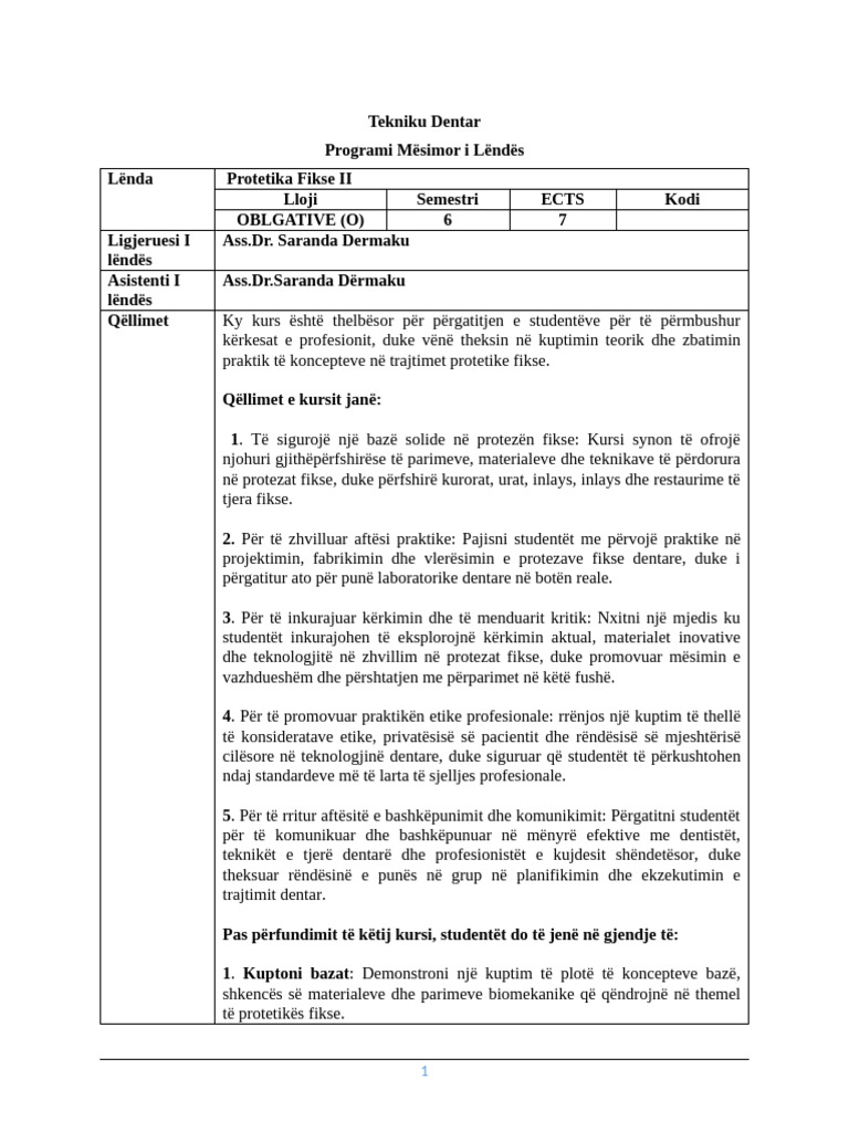 Protetika Fikse 2 Syllabusi Shqip | PDF