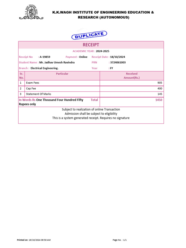 1 Exam Form Receipt | PDF