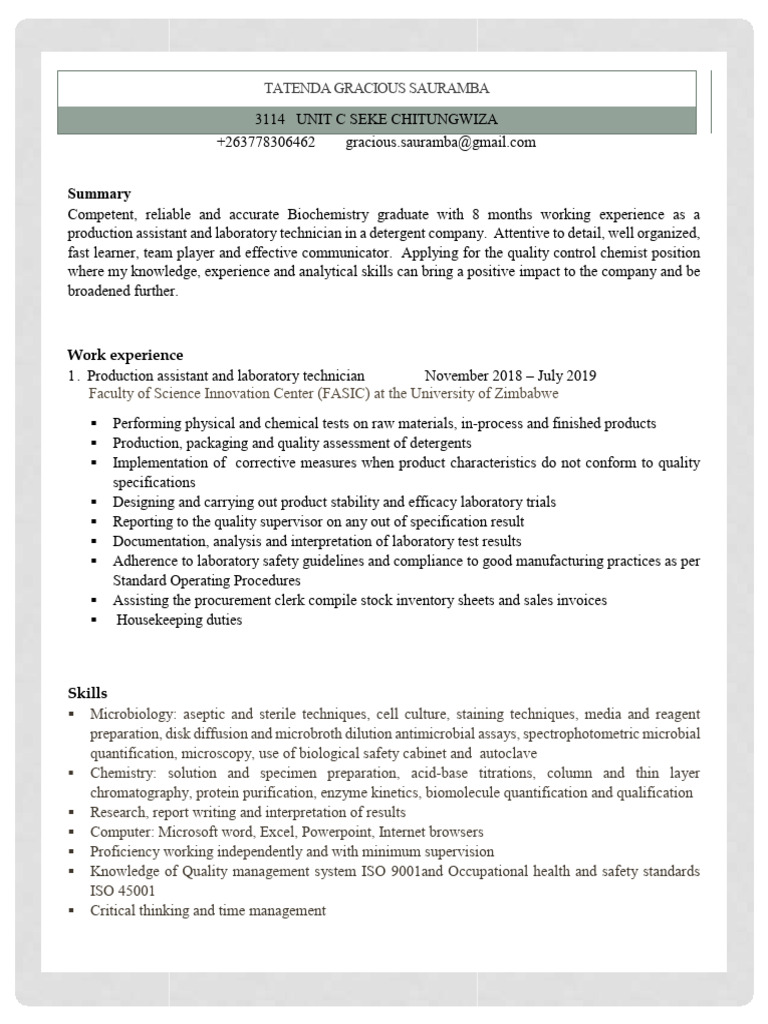 Biochemistry Graduate Resume for QC Chemist | PDF