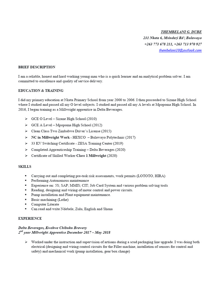 Curriculum Vitae Thembelani Dube | PDF