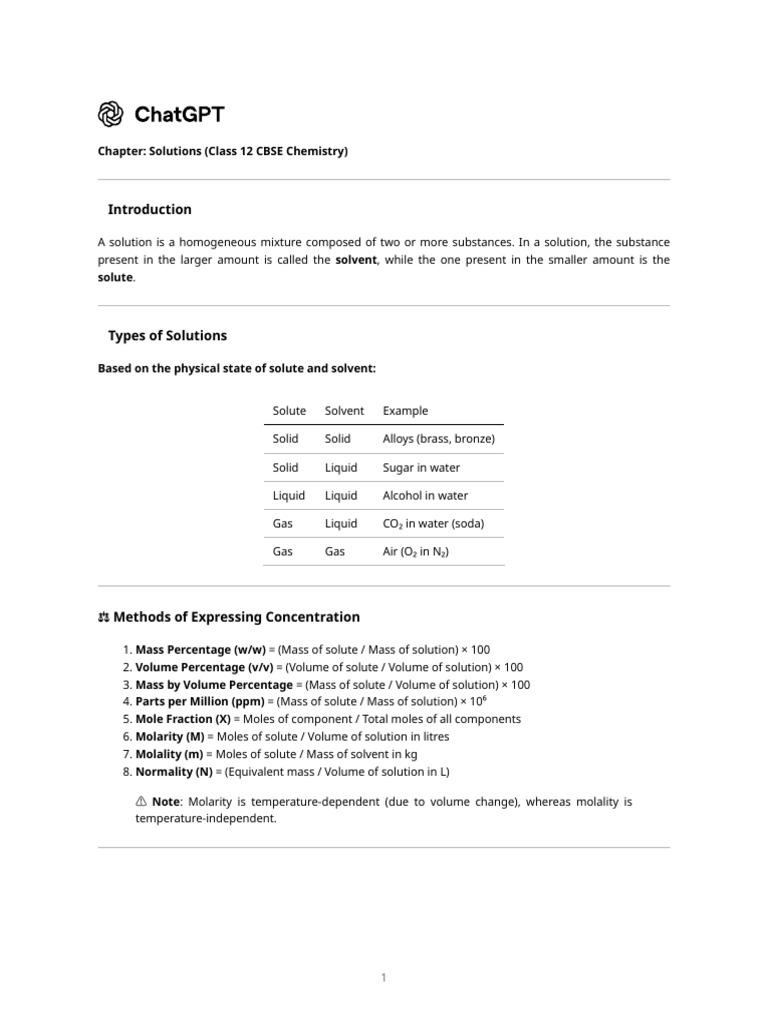 Solutions Chapter Short Note | PDF | Concentration | Solubility