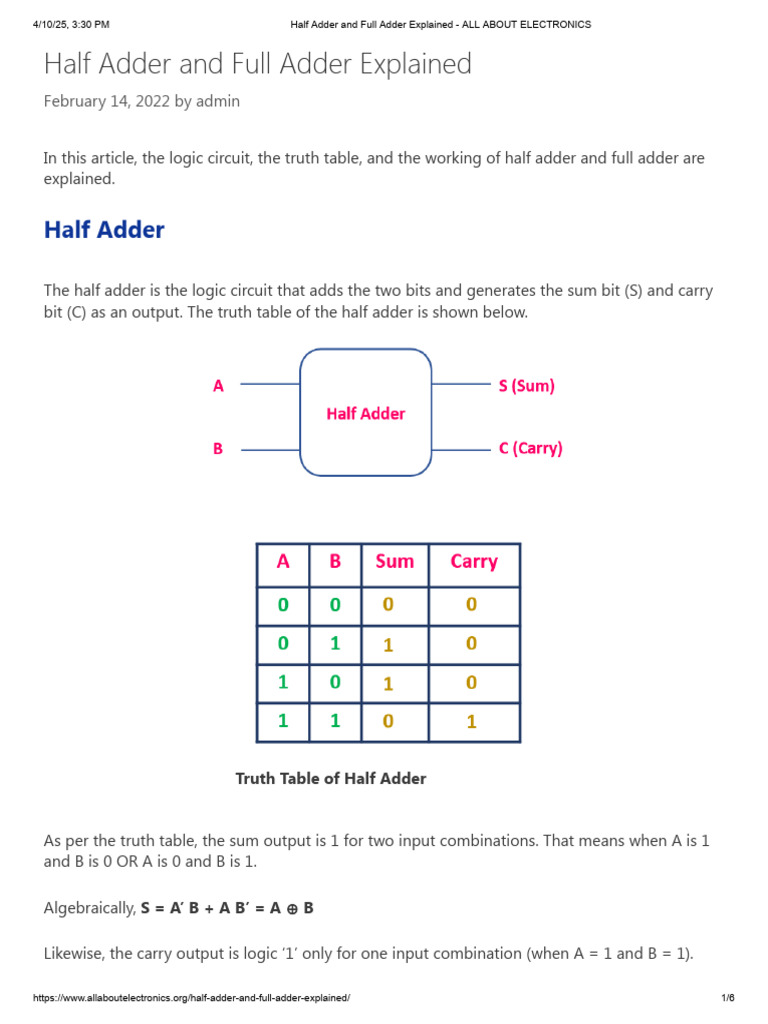 7) Half Adder and Full Adder Explained - ALL ABOUT ELECTRONICS | PDF ...