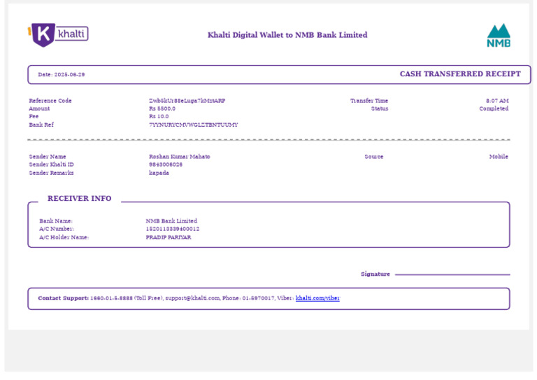 Khalti to NMB Bank Transfer Receipt | PDF