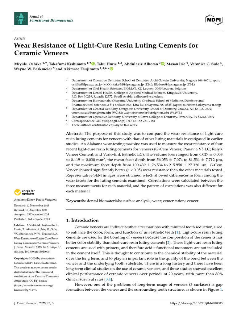 Wear Resistance of Light-Cure Resin Luting Cements | PDF | Dentistry ...