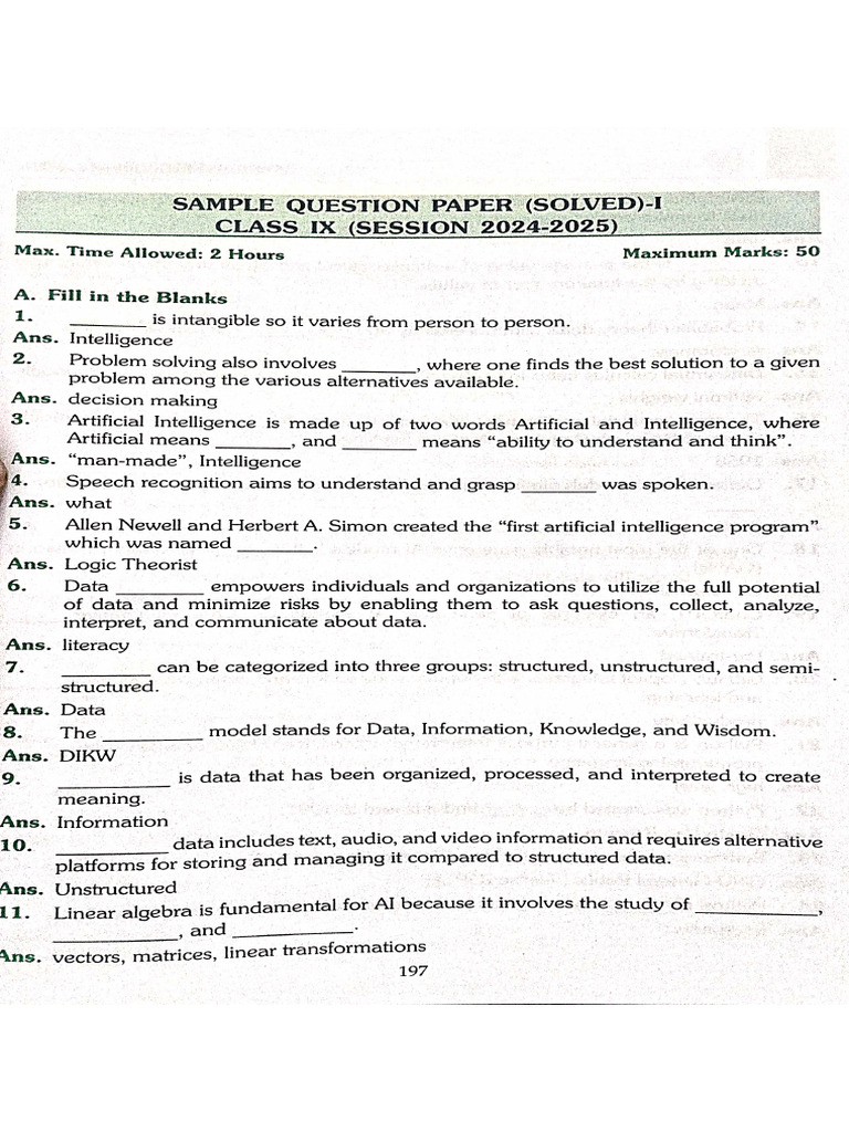 AI Class 9 Sample Paper Jay Bhagwani | PDF