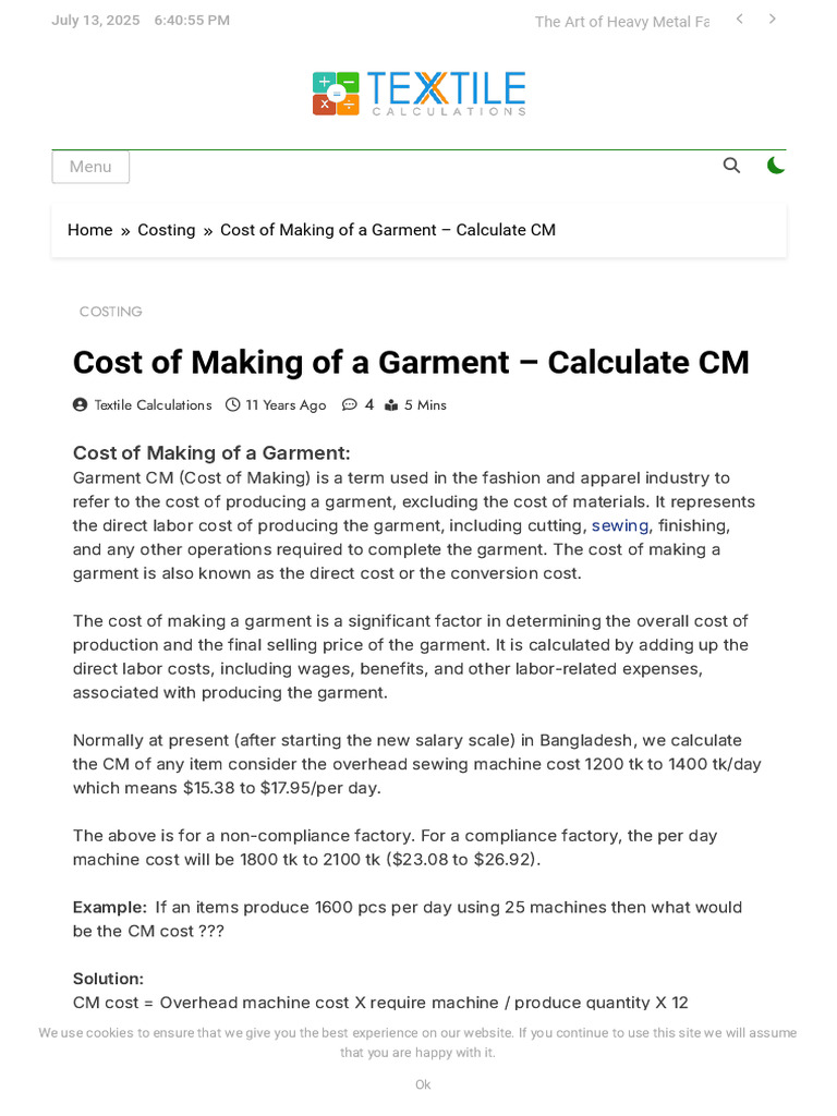 Cost of Making of A Garment - Calculate CM - Textile Calculation | PDF ...