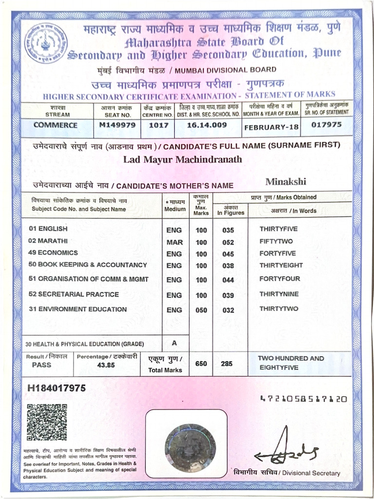 Higher Secondary Certificate Examination - Statement of Marks | PDF