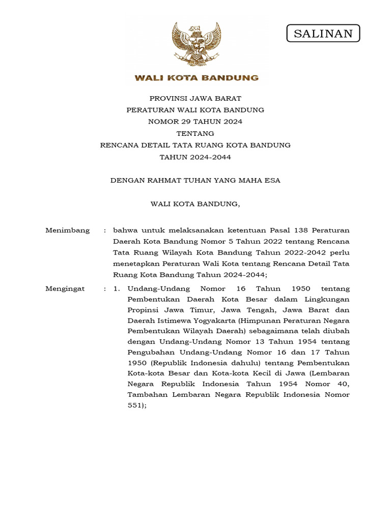Perwal BDG 29 2024 Rencana Detail Tata Ruang Kota Bandung | PDF