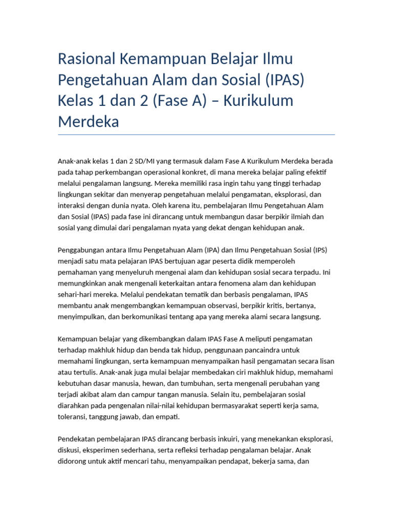 Materi IPAS Kelas 1 SD Kurikulum Merdeka | PDF