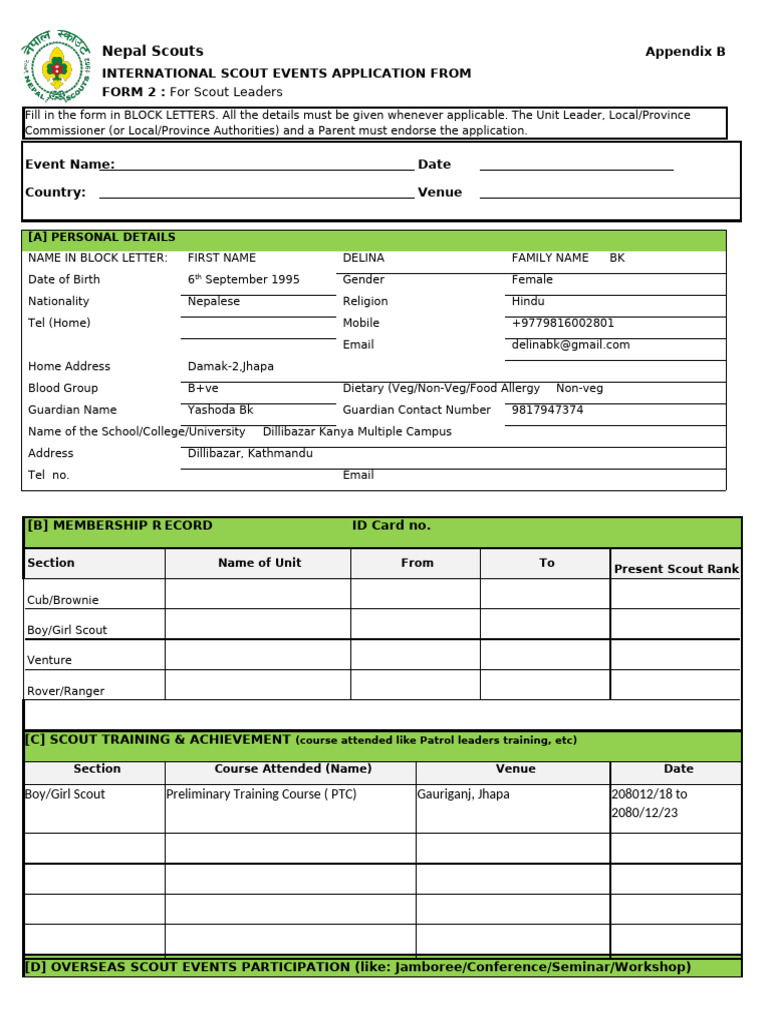 Nepal Scout Registration Form | PDF | Scouting | Girl Guiding And Girl ...
