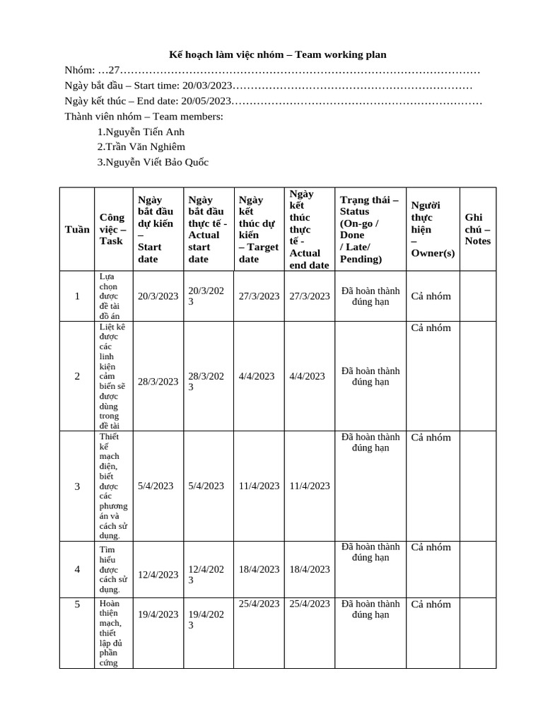 Group - 03-Ke Hoach Lam Viec Nhom - Team Working Plan | PDF