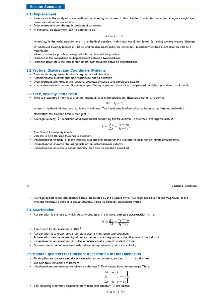 1D Kinematics Summary | PDF | Velocity | Acceleration