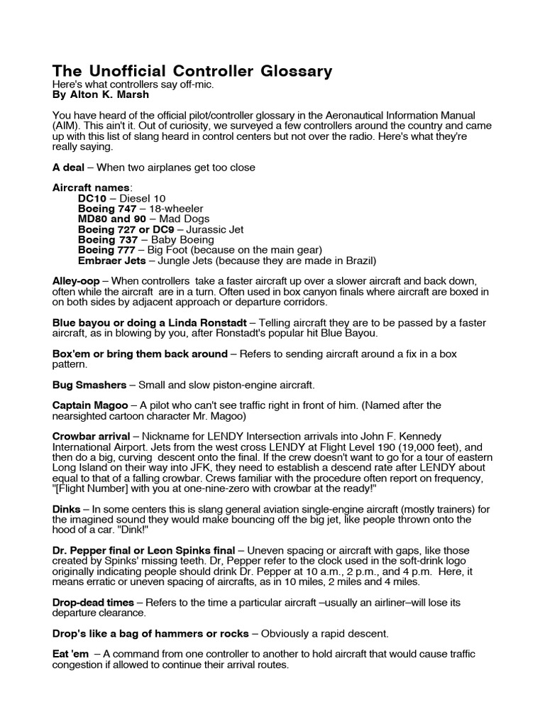 The Unofficial Controller Glossary | PDF | Aircraft | Runway