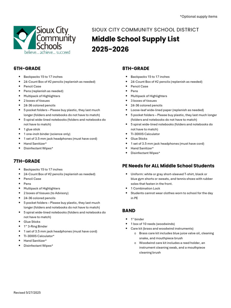 Sioux City Middle School Supply List 2025-26 | PDF | Notebook