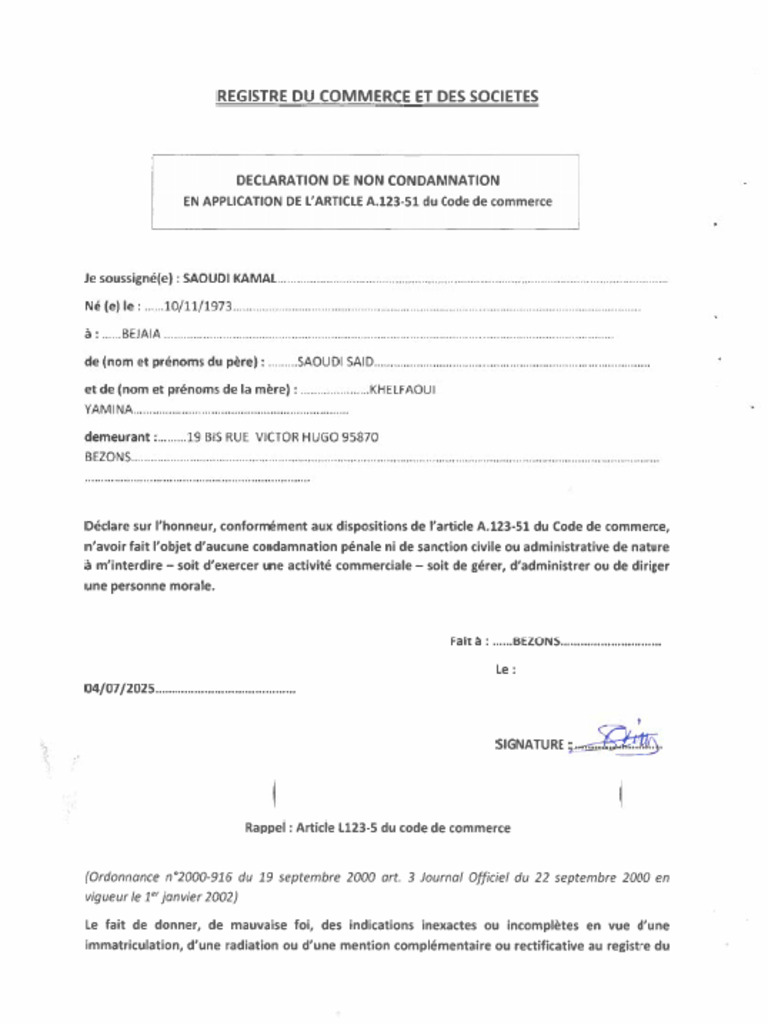 Attestation Sur Lhonneur Sur Papier Libre Relative A Labsence de ...