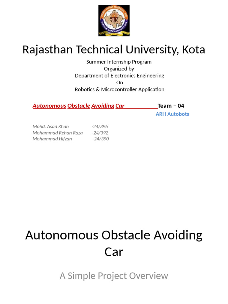 Autonomous Obstacle Avoiding Car Project | PDF