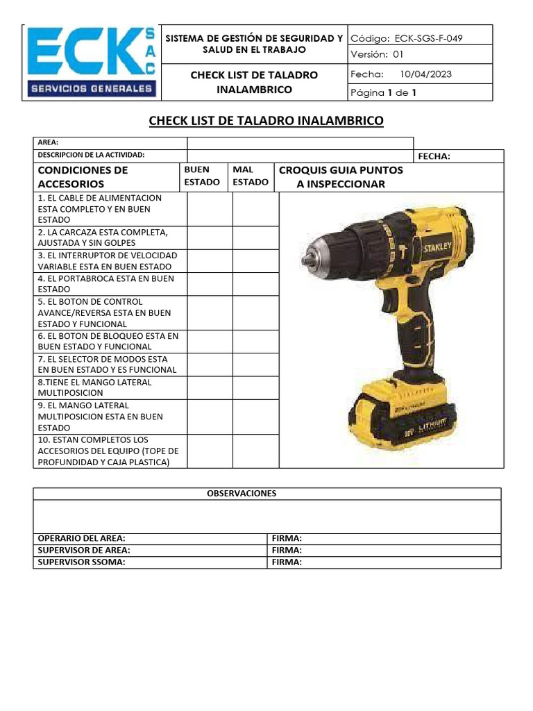 Check List Taladro Inalámbrico | PDF