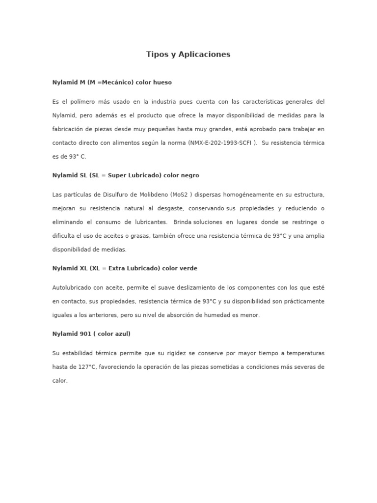 Tipos y Aplicaciones de Nylamid | PDF | Materiales | Ingeniería mecánica