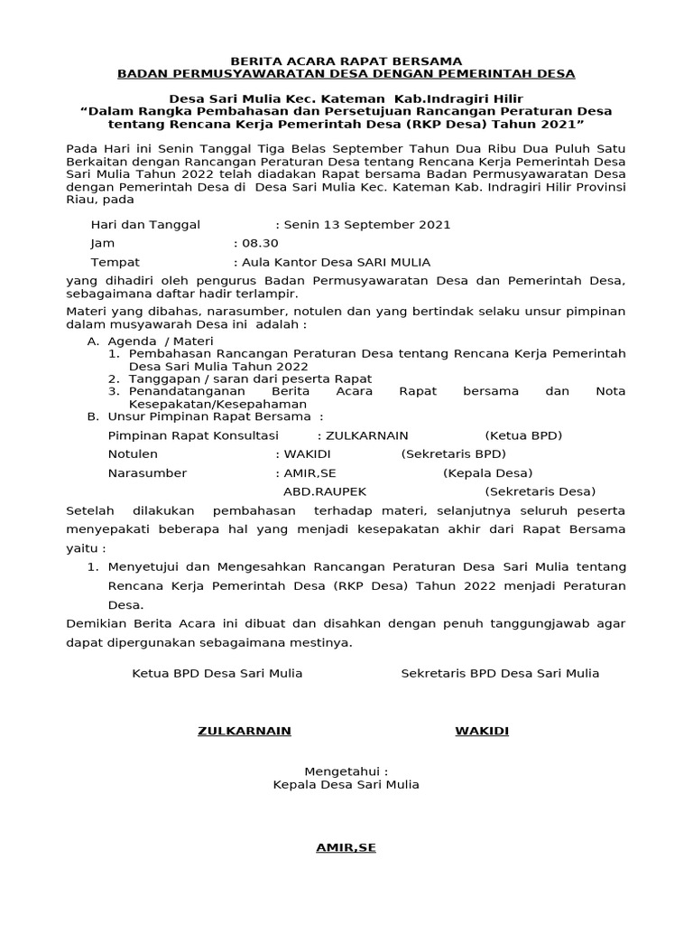 Berita Acara, Notulen, Daftar Hadir, SK BPD Terkait Rapat Bersama Kades Dan BPD TTG Penetapan ...