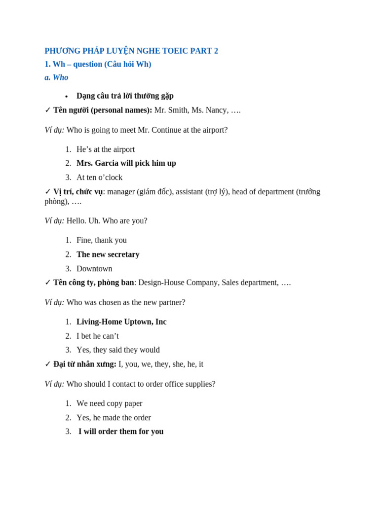 PHƯƠNG PHÁP LUYỆN NGHE TOEIC PART 2 | PDF