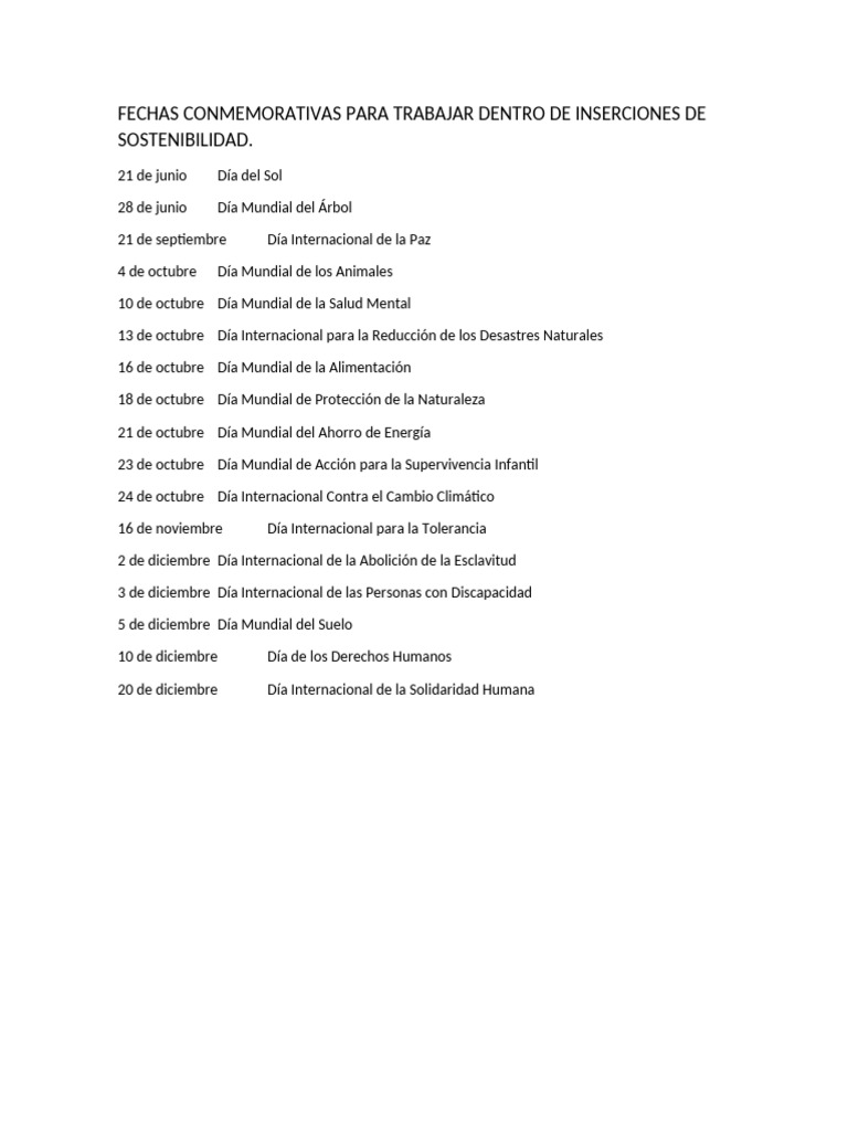Fechas Conmemorativas para Trabajar Dentro de Inserciones de ...