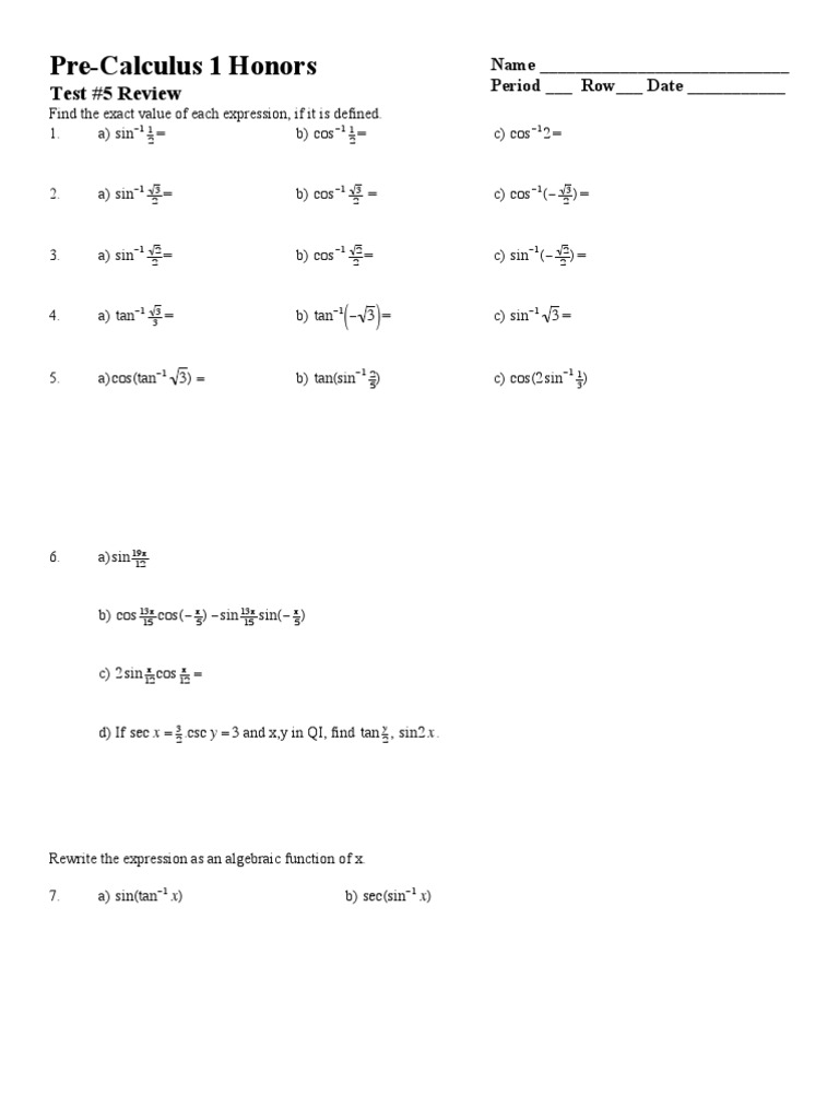 Pre-Calculus 1 Honors Test #5 Review and Solution (Fall 2011) | PDF ...