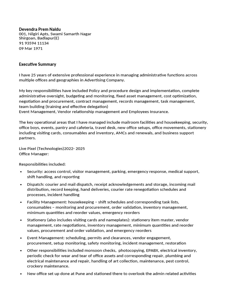 Devendra Naidu - Resume | PDF | Inventory | Procurement