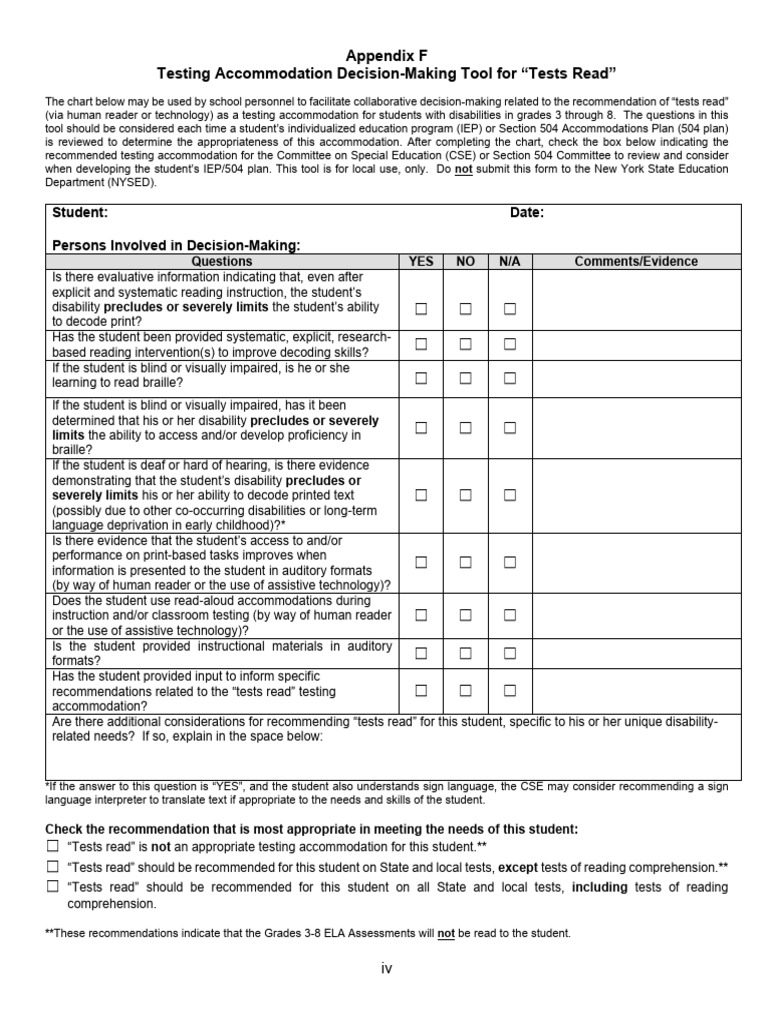 Testing Accommodation Tool for "Tests Read" | PDF | Individualized ...