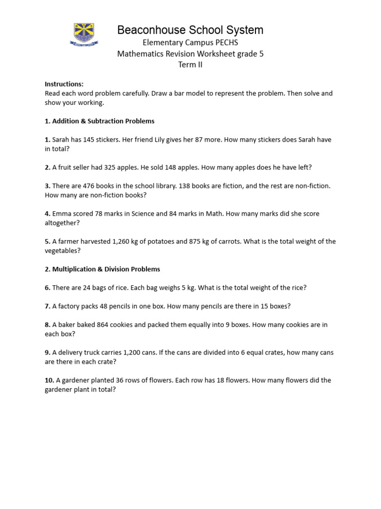 Grade 5 Bar Model Math Worksheet | PDF