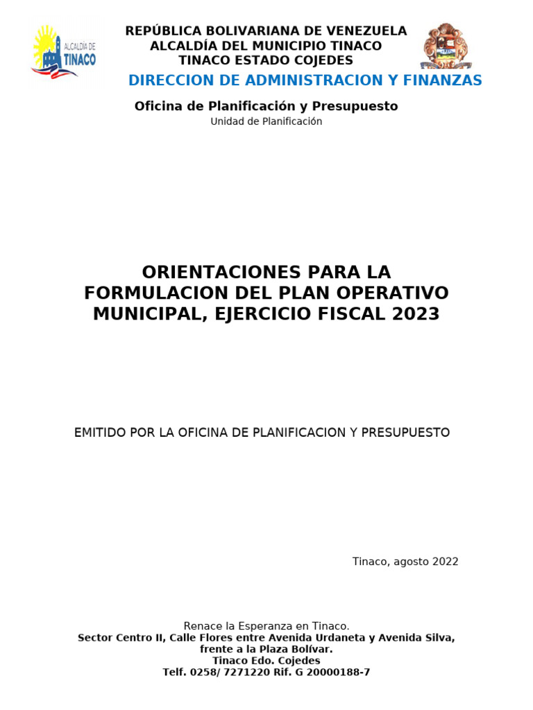 Instrucciones Pára Formular El Plan Operativo 2023 Alcaldia Tinaco | PDF | Presupuesto ...