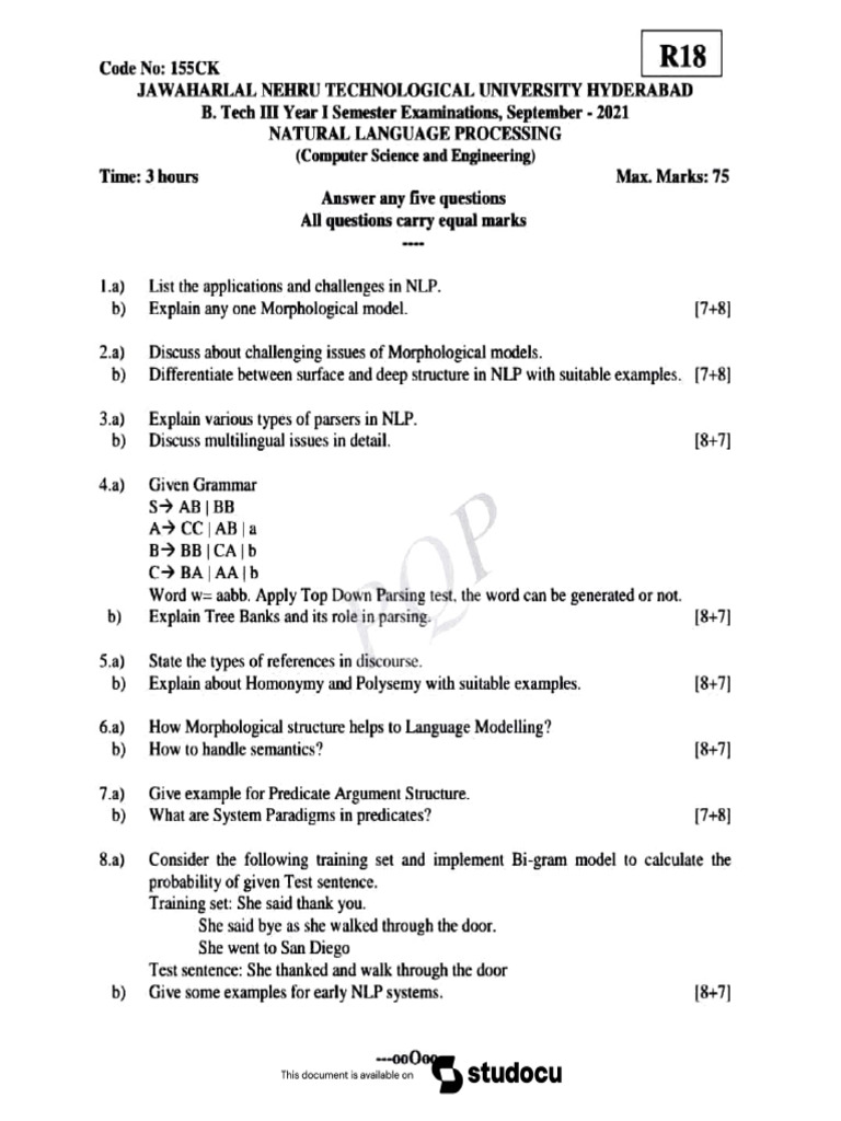 NLP Previous Question Papers | PDF | Parsing | Human Communication