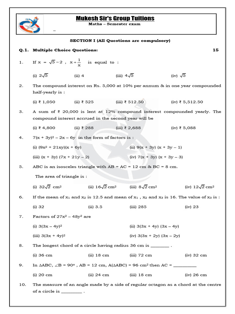 ICSE Maths Question Paper | PDF | Circle | Euclidean Plane Geometry