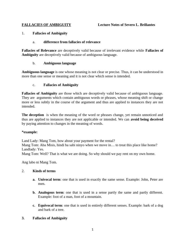 H. Fallacies of Ambiguity Lecture | PDF | Fallacy | Ambiguity